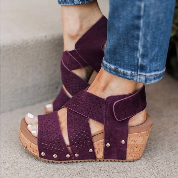Corkys | Shoes | Nwt Corkys Guilty Pleasure Suede Wine Wedge Sandals ...